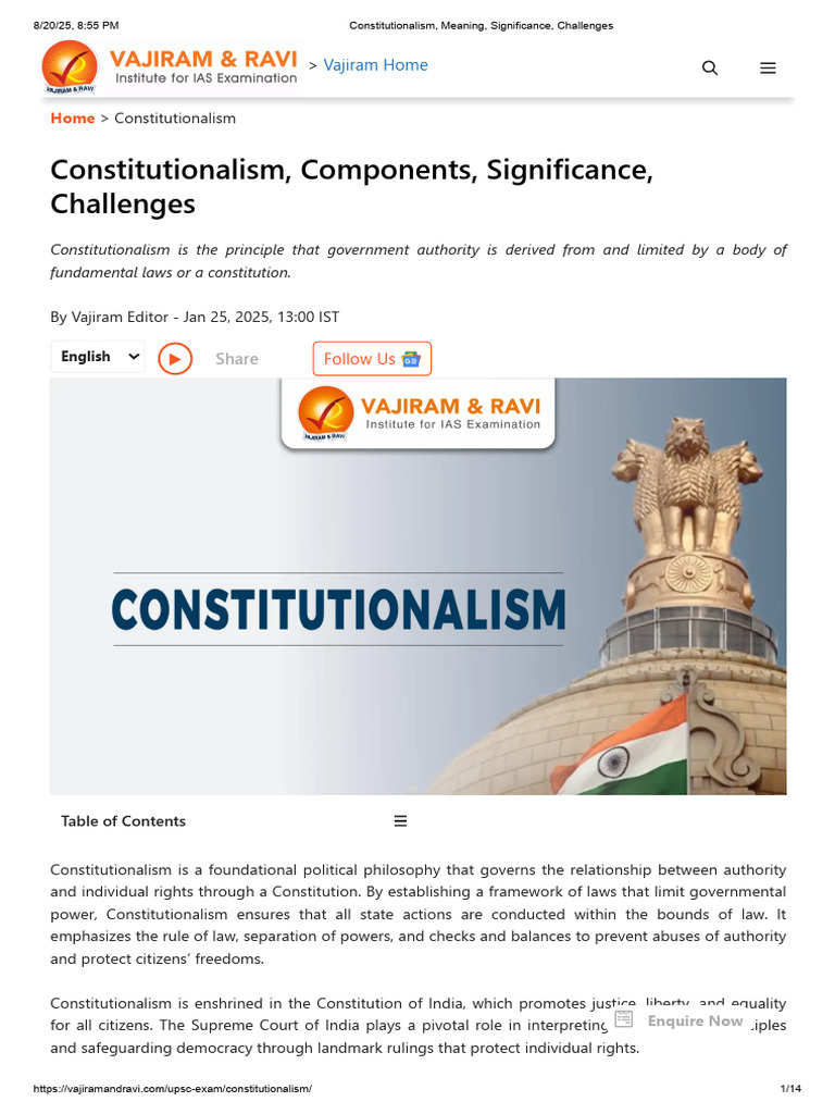 Constitutionalism, Meaning, Significance, Challenges | PDF | Separation ...