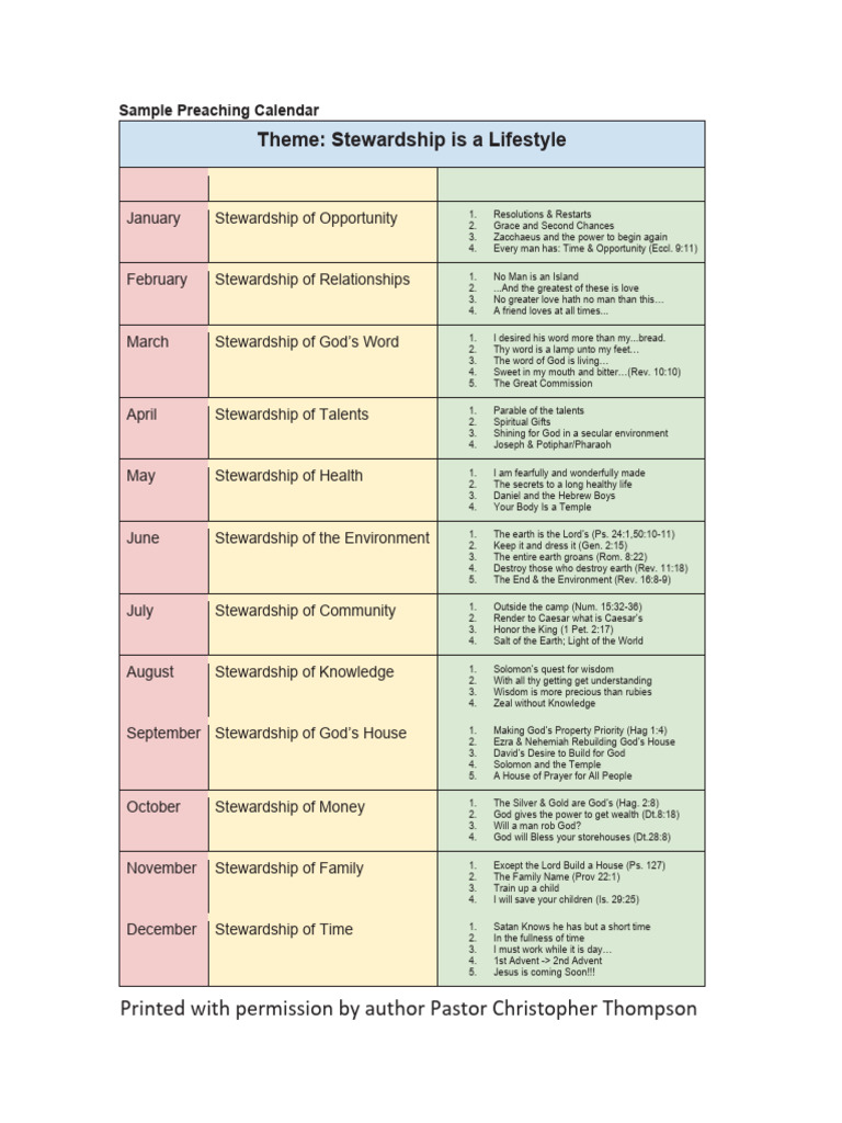 Sample Stewardship Preaching Calendar | PDF | Religious Belief And ...