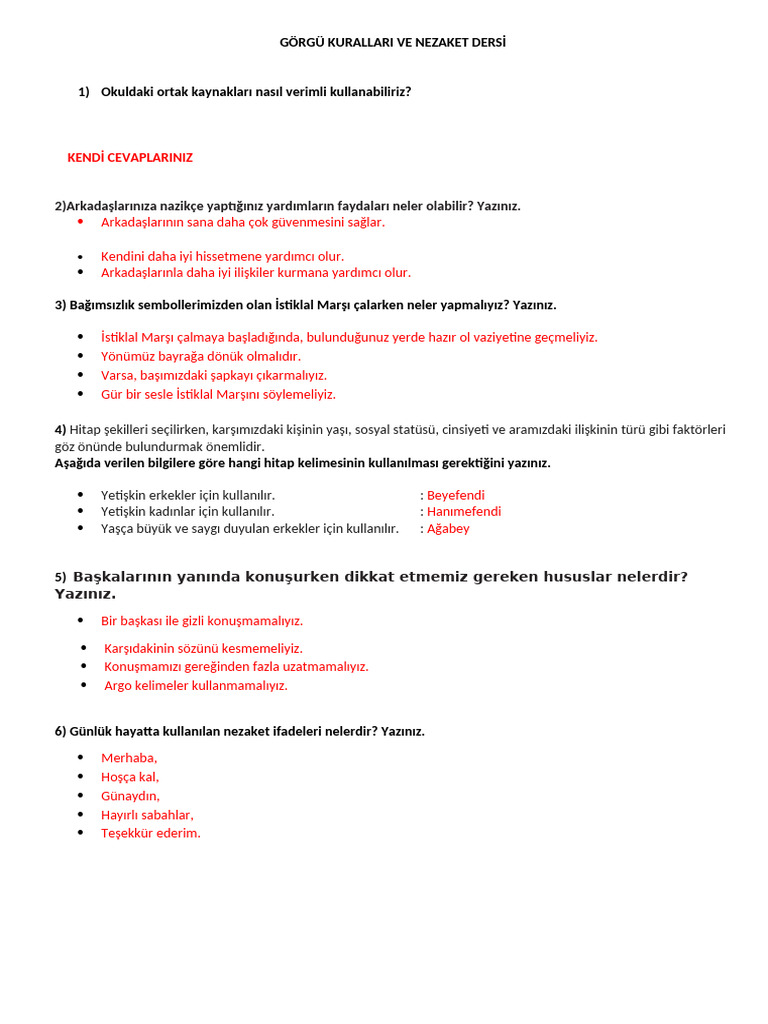 Görgü Kurallari Ve Nezaket Dersi̇ | PDF