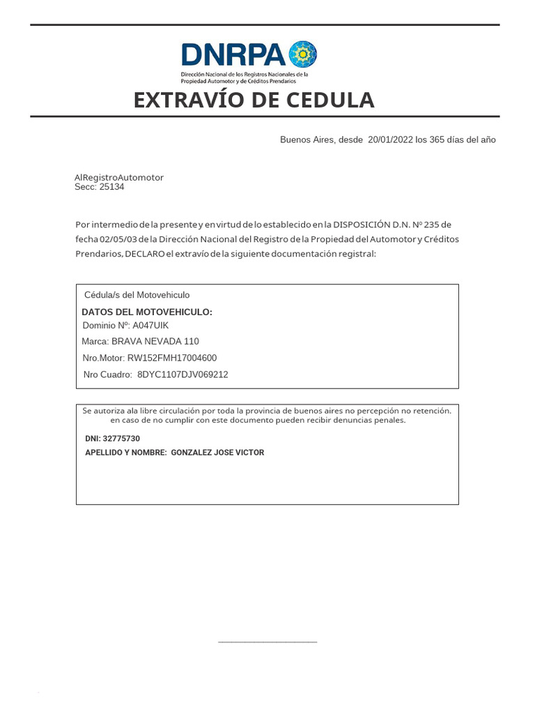 Extravio Cedula | PDF
