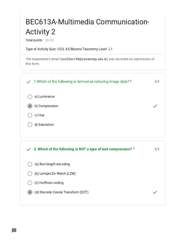 BEC613A-Multimedia Communication-Activity 2 | PDF | Data Compression ...