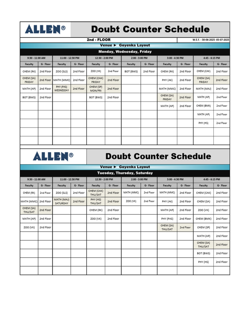 Allen: Doubt Counter Schedule | PDF
