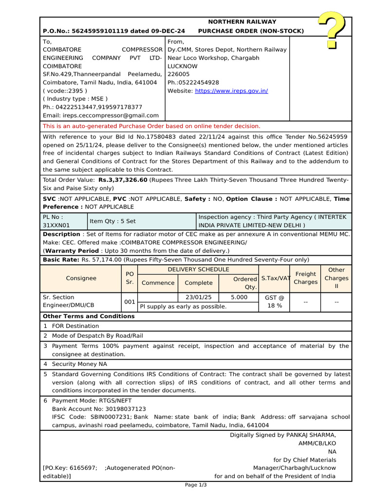Northern Railway Purchase Order Details | PDF | Business