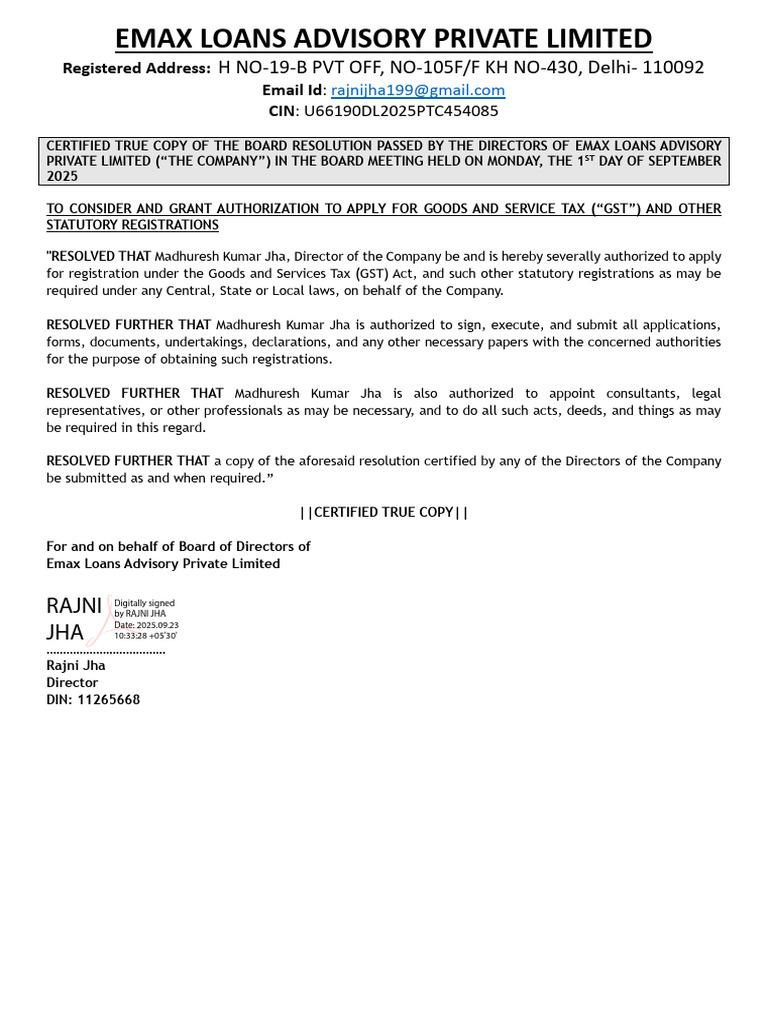 Emax Loans GST Registration Resolution | PDF