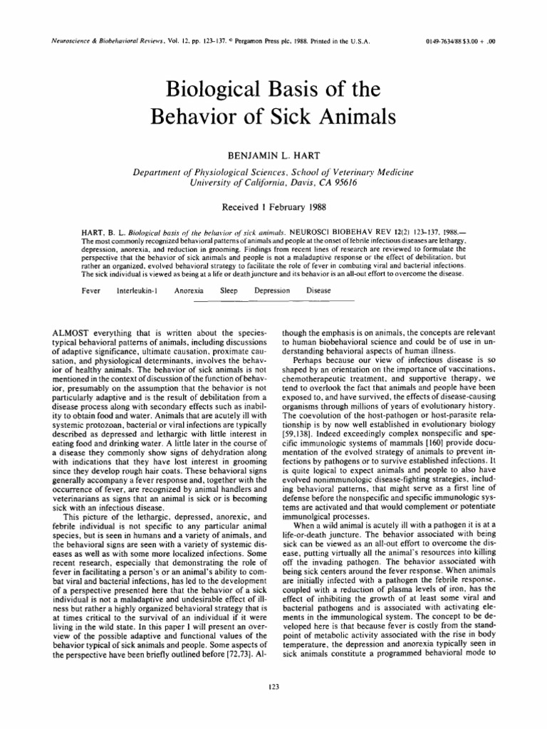 Biological Basis of The Behaviour of Sick Animals | PDF | Fever | Infection