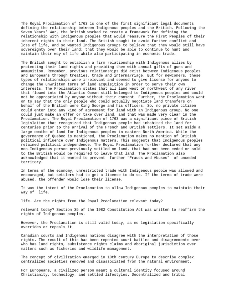 Understanding the 1763 Royal Proclamation | PDF | Indigenous Peoples ...