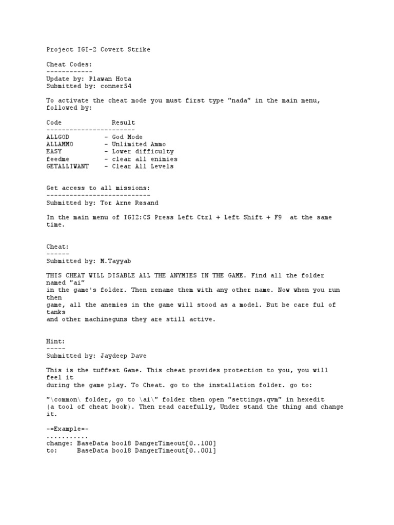 Igi2 Cheat Code | PDF | Cheating In Video Games | Sniper