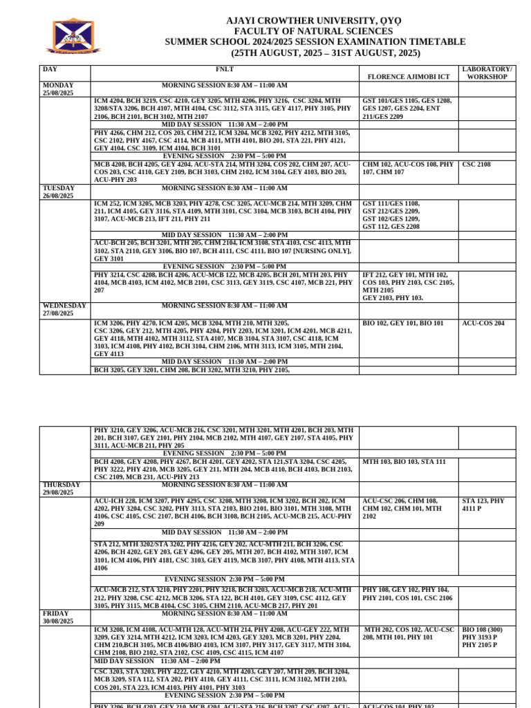 Summer-Fns Examination Timetable 2024-2025 Session | PDF