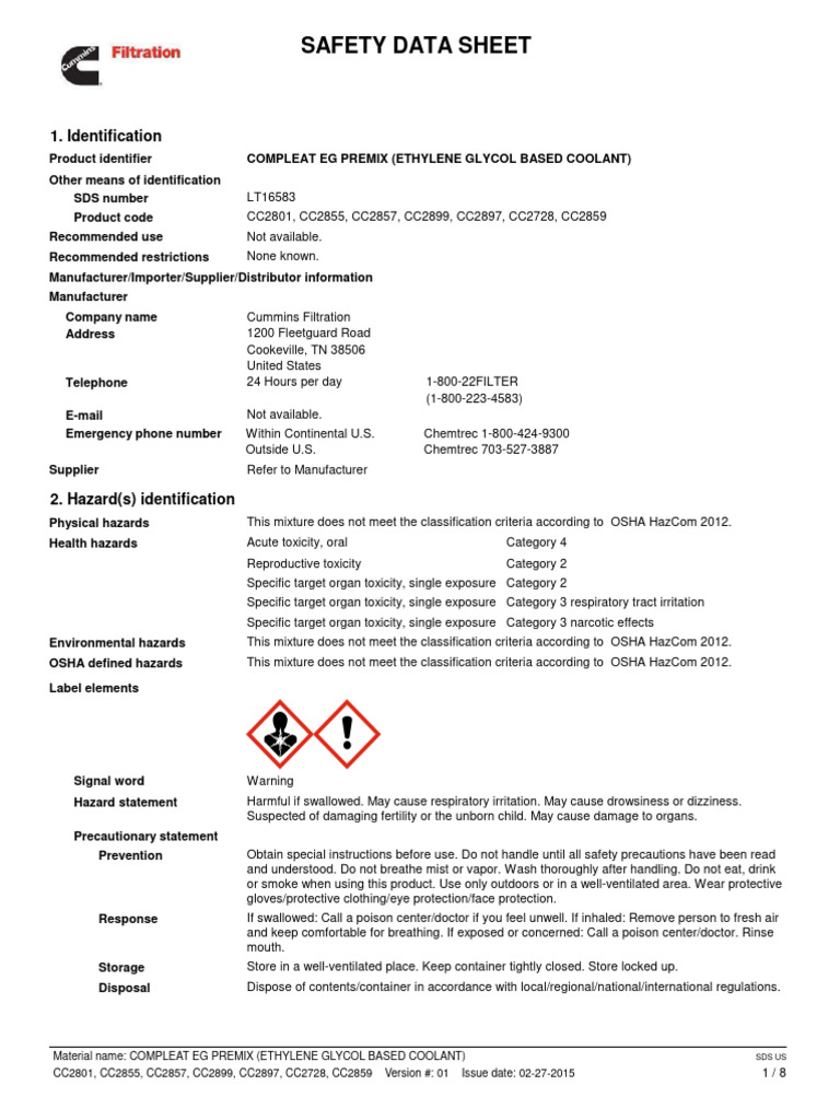 Compleat EG Premix Safety Data Sheet | PDF | Dangerous Goods | Firefighting