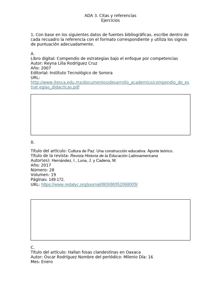 ADA 3. Ejercicios de Práctica de Citas y Referencias. Textos Expositivos | PDF