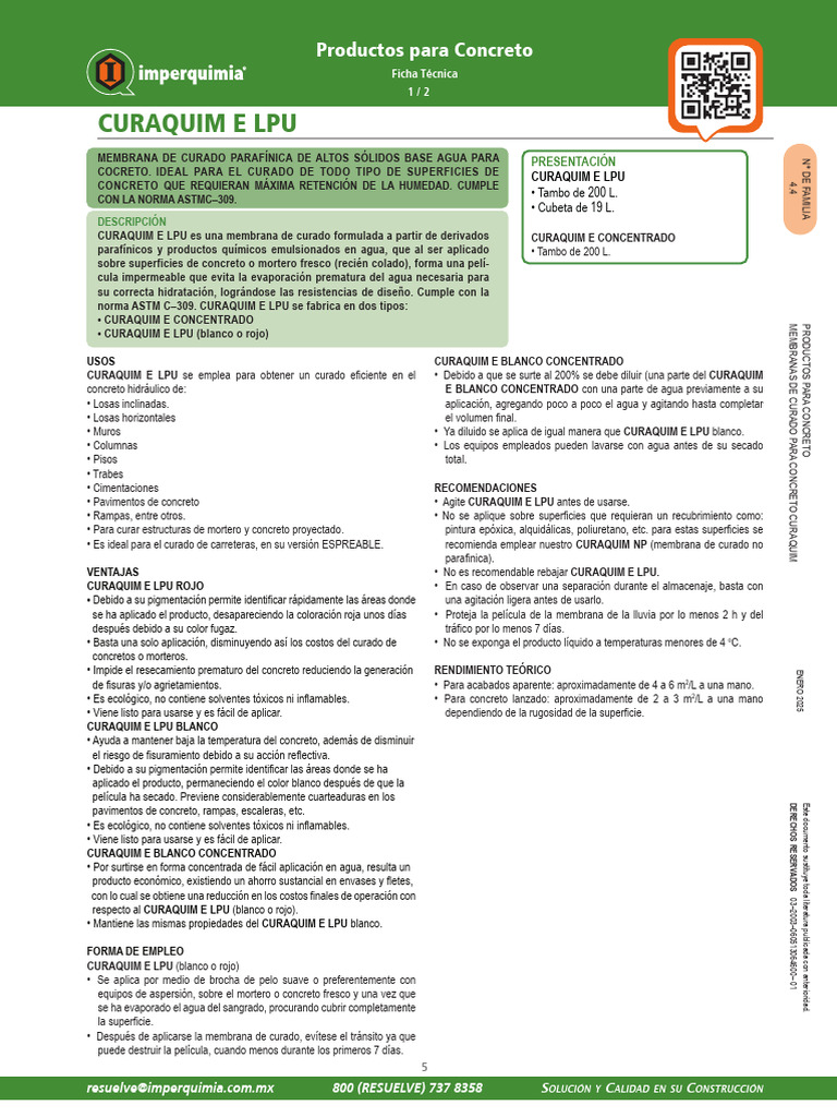 Membranas de Curado para Concreto CURAQUIM | PDF | Hormigón | Agua