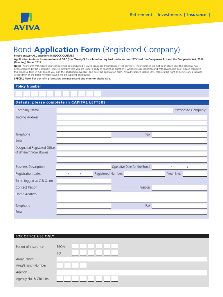 Aviva Bond Application Form Guide | PDF | Insurance | Liquidation