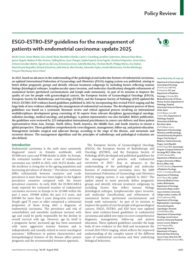 2025 ESGO-ESTRO-ESP Endometrial Guidelines | PDF | Oncology | Estrogen