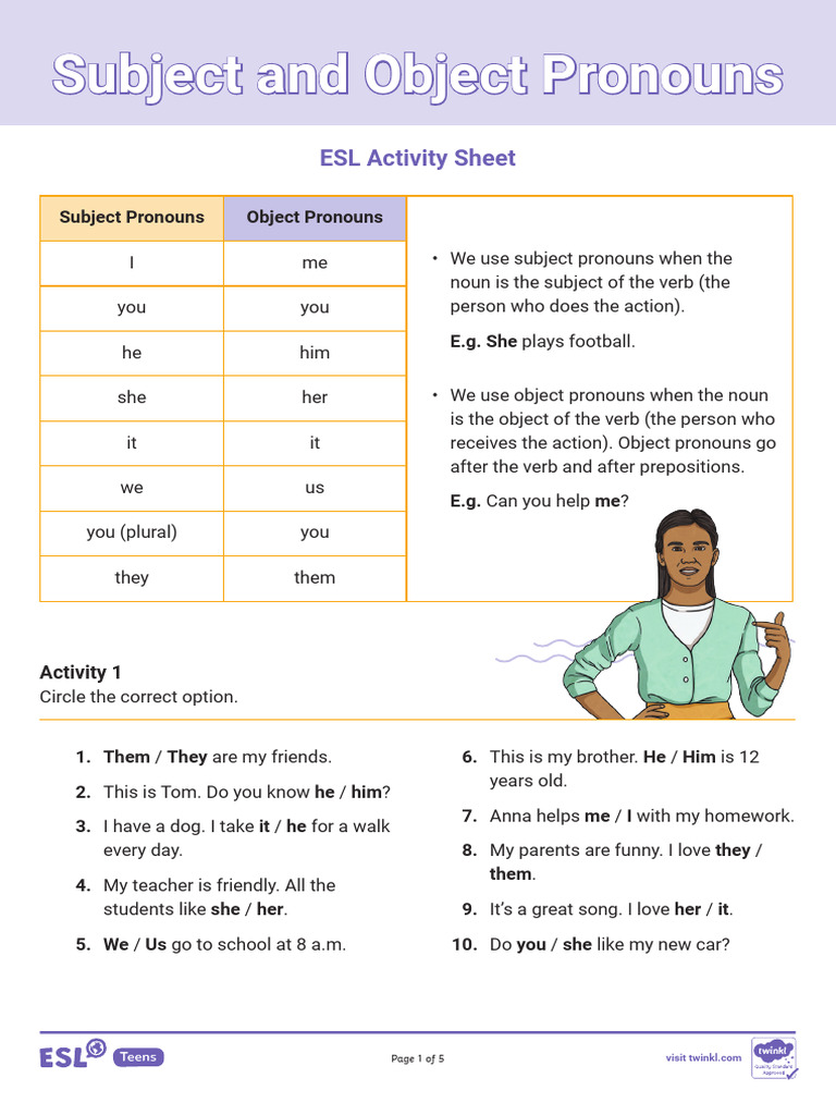 T 1750332470 Subject and Object Pronouns Esl Activity Sheet Teens A1 ...