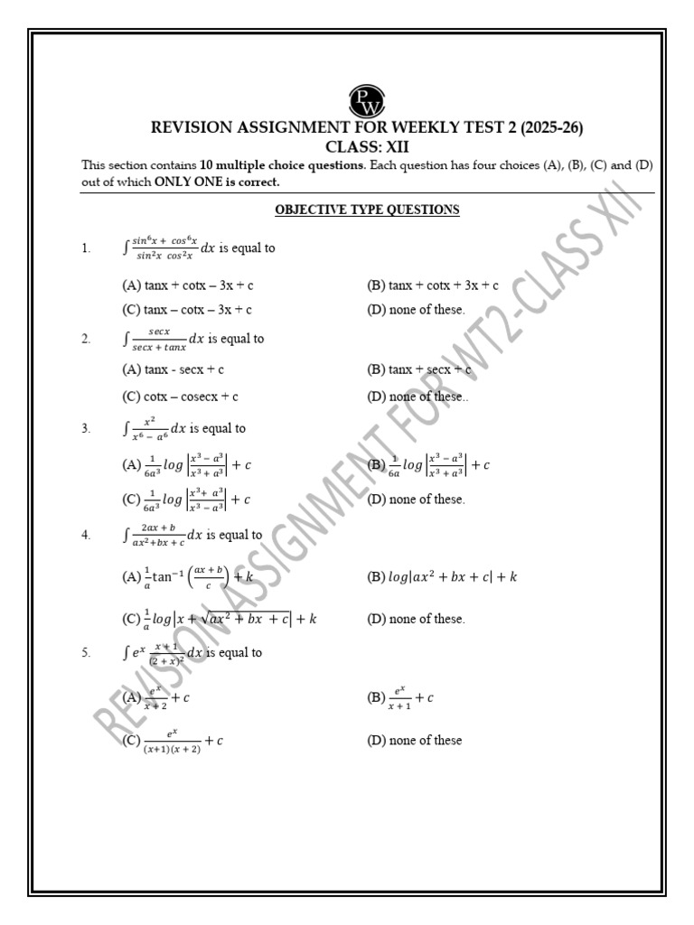 Class XII Weekly Test 2 Revision Assignment | PDF | Length | Geometric ...