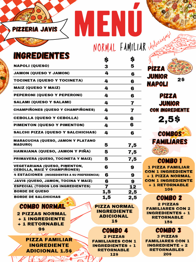 Menú Vertical Pizzería Ilustración Negro y Rojo | PDF | Pizza | Tocino