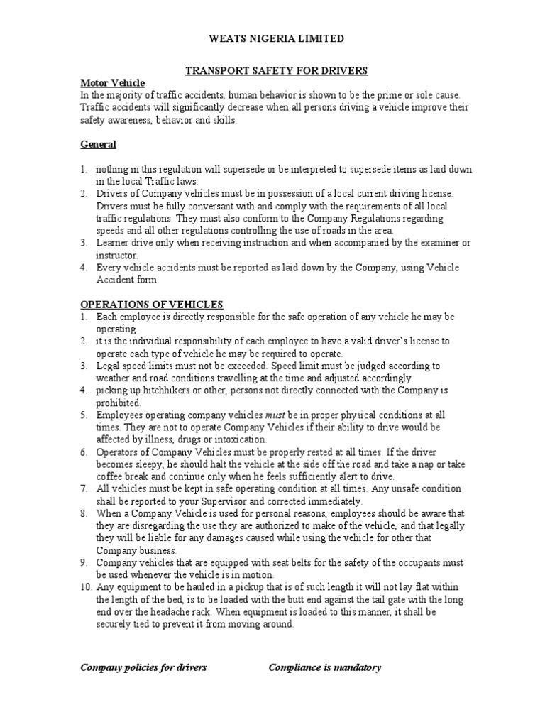 Company Policies for Drivers: Compliance is Mandatory | PDF | Driving ...