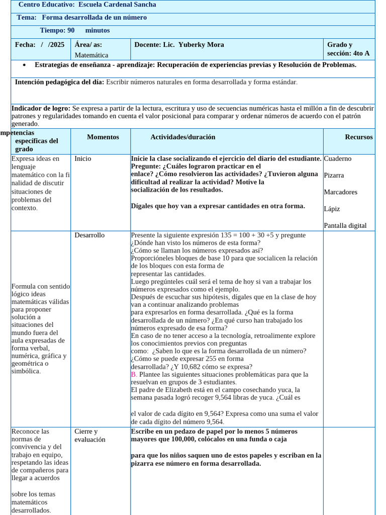 Forma Desarrollada de Números en Clase | PDF | Matemáticas | Enseñando