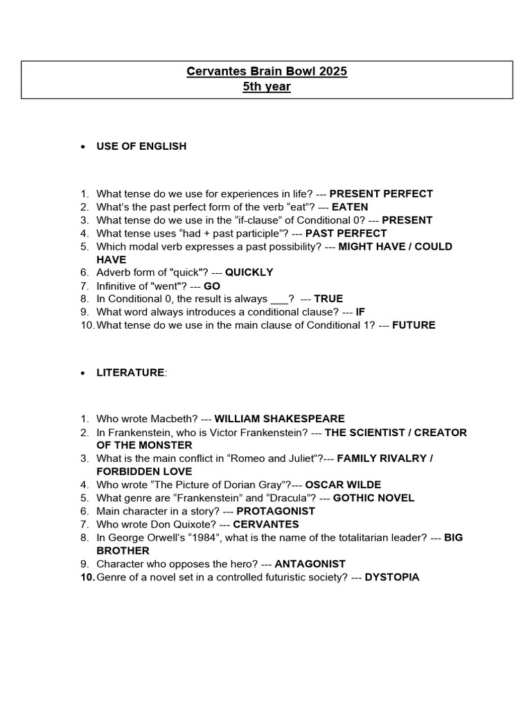 Cervantes Brain Bowl 2025 | PDF | Verb | Grammatical Tense