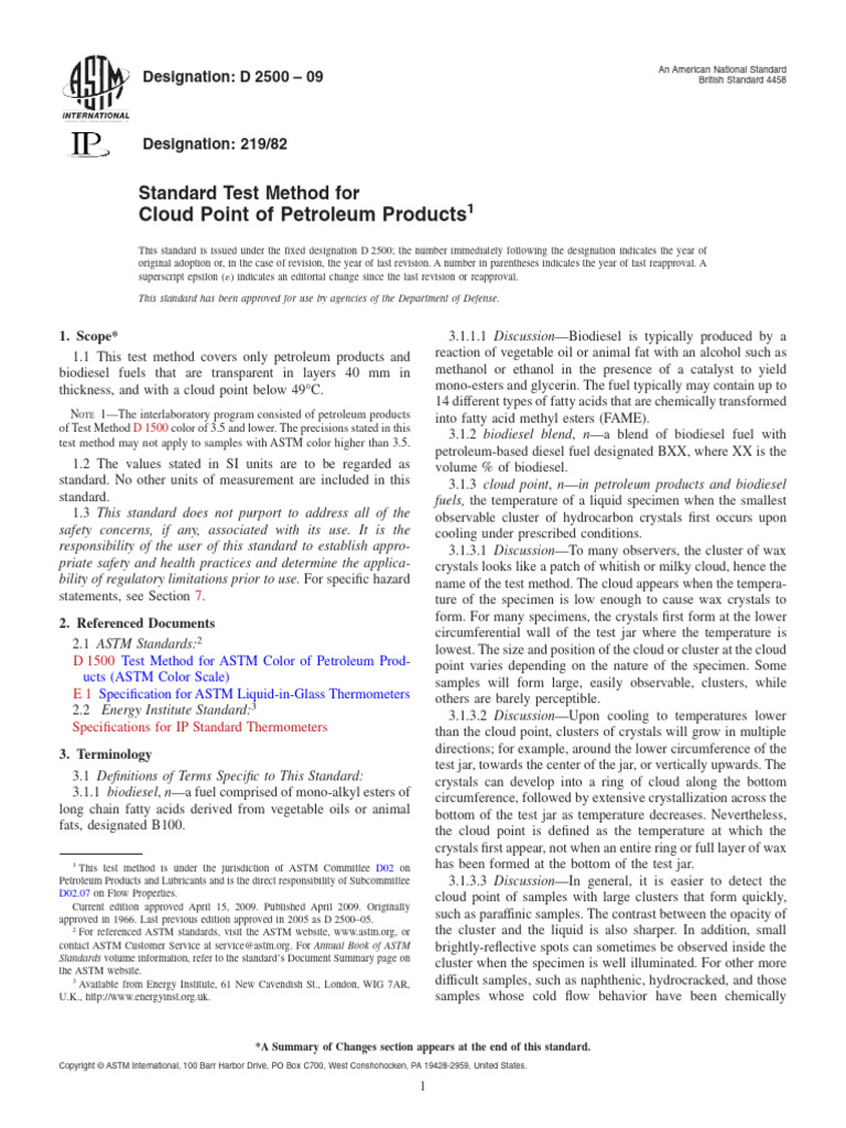 Cloud Point of Petroleum Products: Standard Test Method For | PDF ...