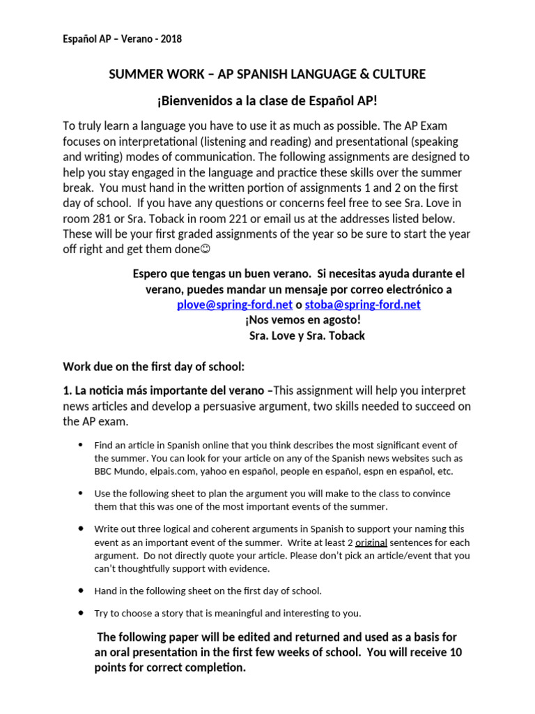 AP Spanish Language Culture Summer Work 2018 | PDF | Language Mechanics ...