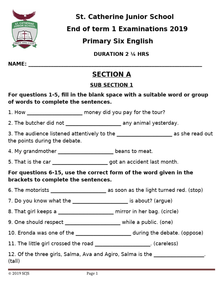 Primary Six English End of Term 1 2019 | PDF