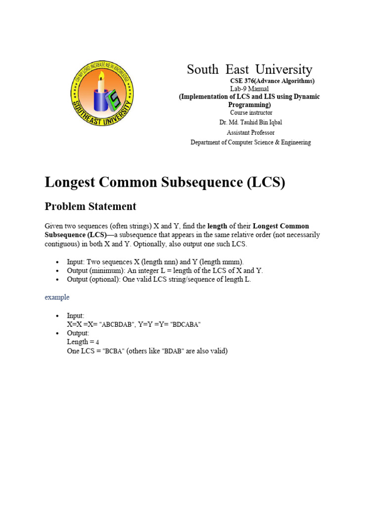 Implementation of LCS and LIS Using Dynamic Programming | PDF ...