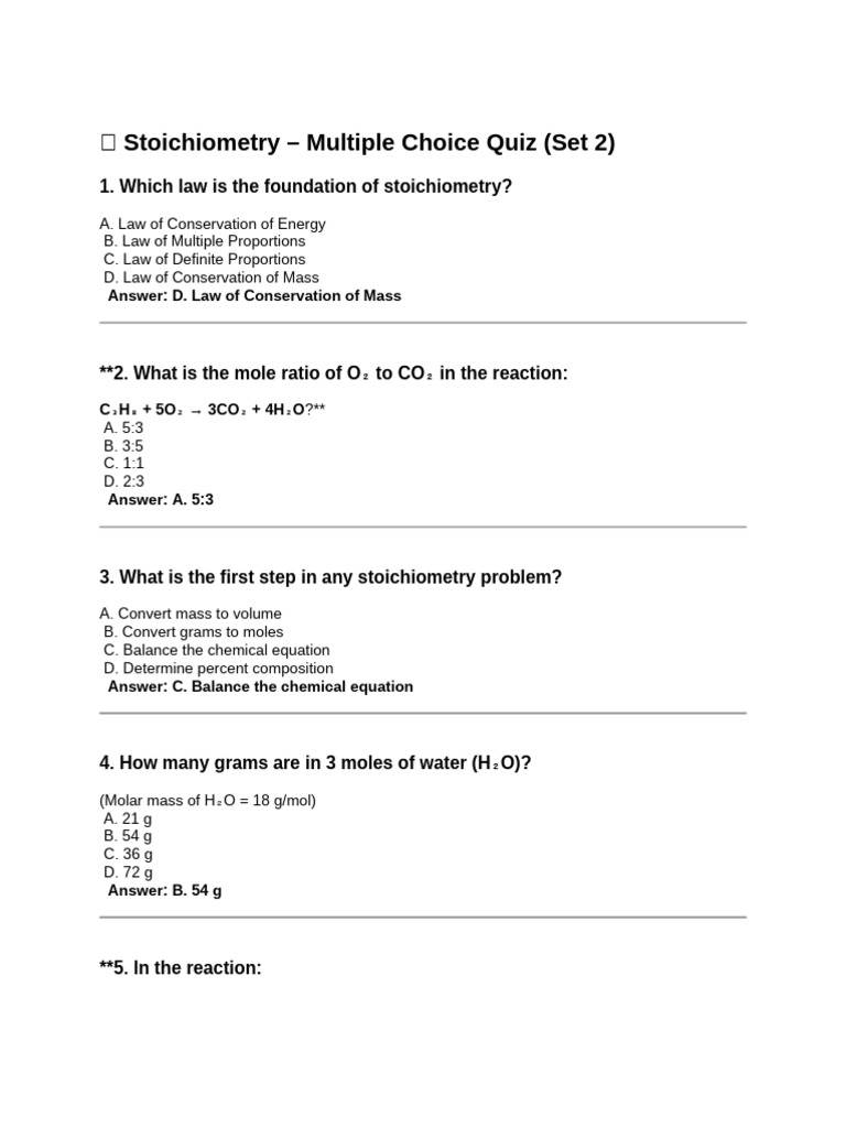 Stoichiometry - Multiple Choice Quiz (Set 2) | PDF