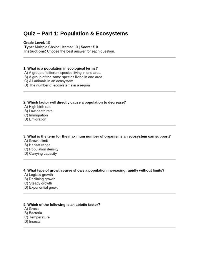 Quiz - Part 1 - Population & Ecosystems | PDF
