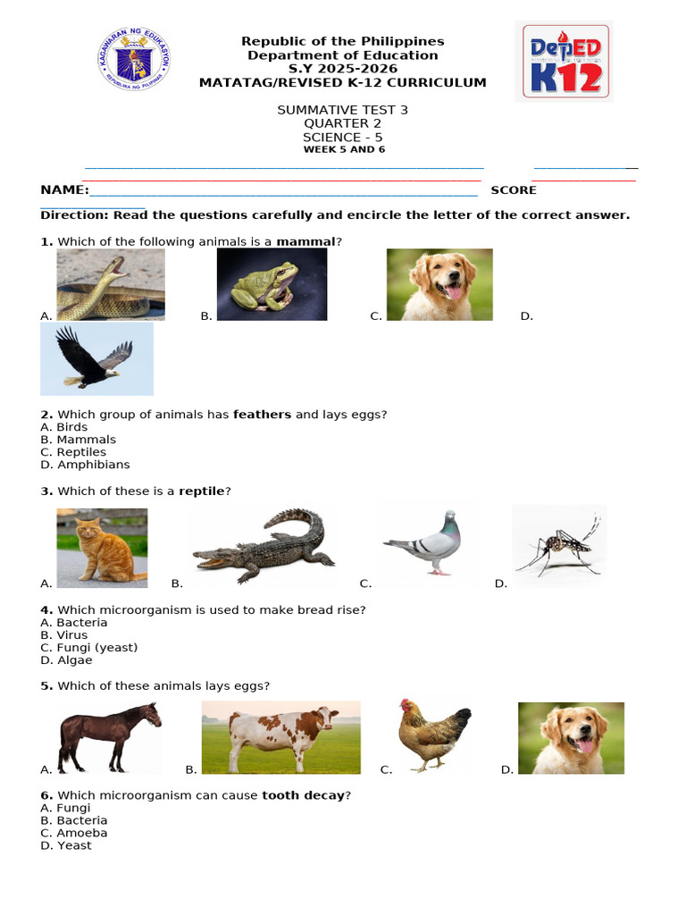 q2 Science 5 Summative Test 3 | PDF | Egg | Mammals
