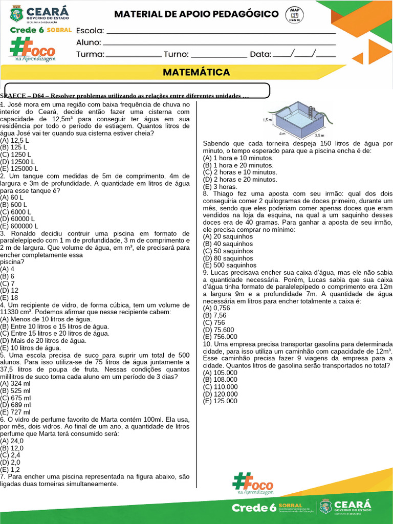 Variação do Volume de Água em Tanques | PDF | Litro | Quantidade
