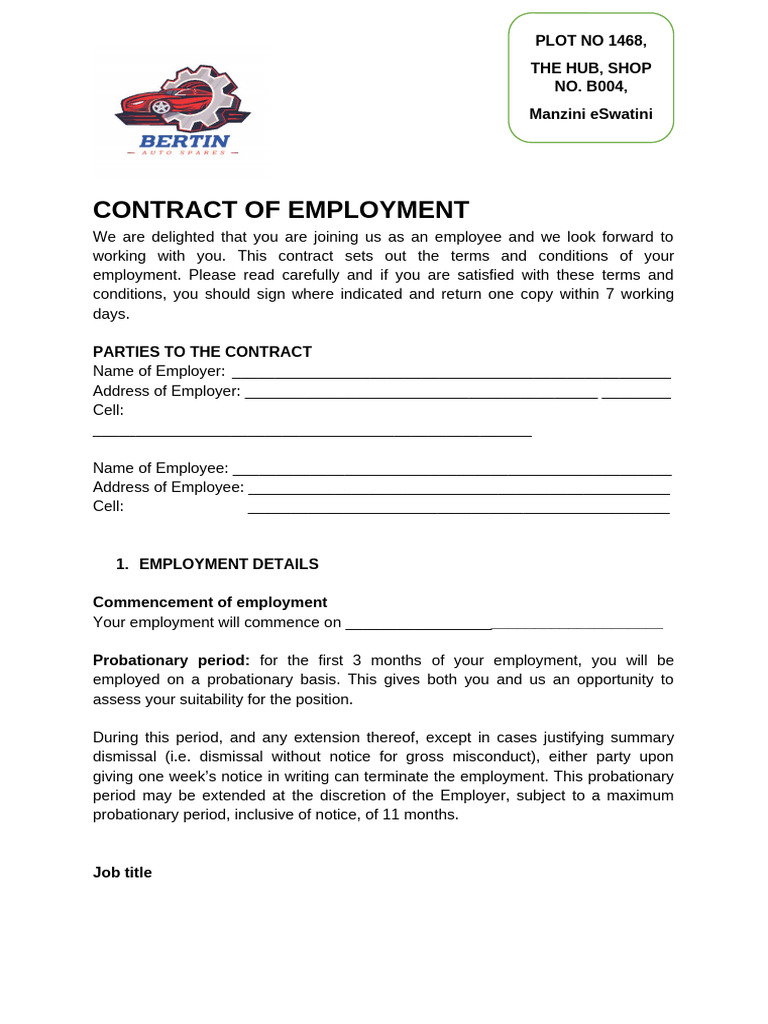 Contract of Employment | PDF | Employment | Salary