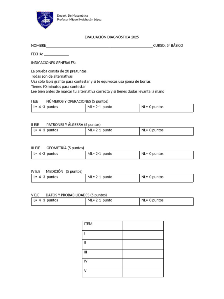 Evaluación Diagnóstica 5to Basico | PDF