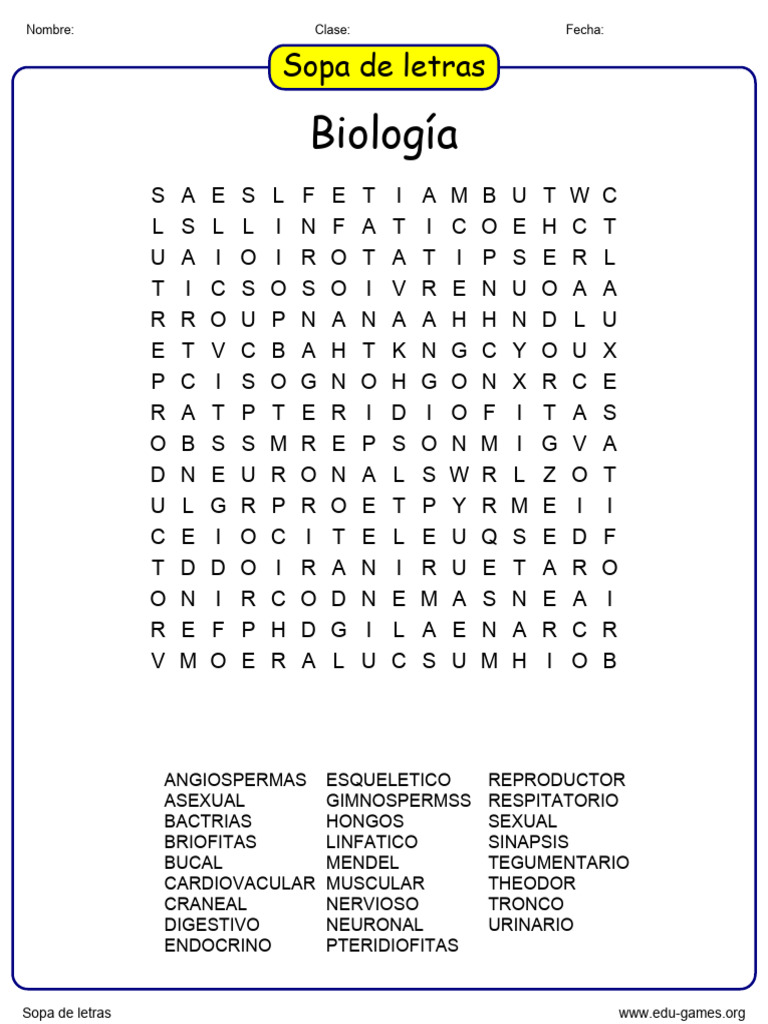 Sopa de Letras: Biología Humana | PDF | Biología