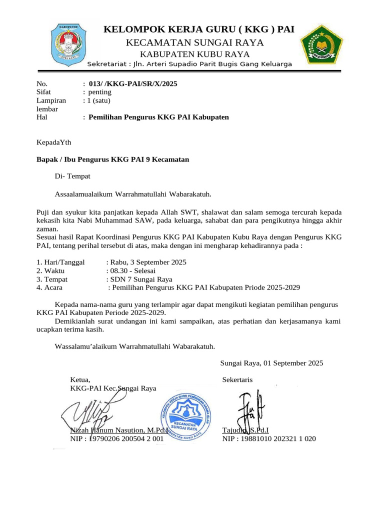 Surat Undangan Pengurus KKG Pai | PDF