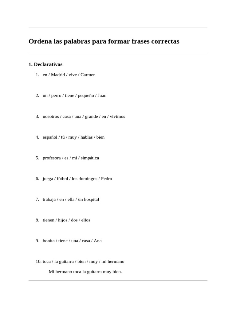 Ordena Las Palabras para Formar Frases Correctas: 1. Declarativas | PDF