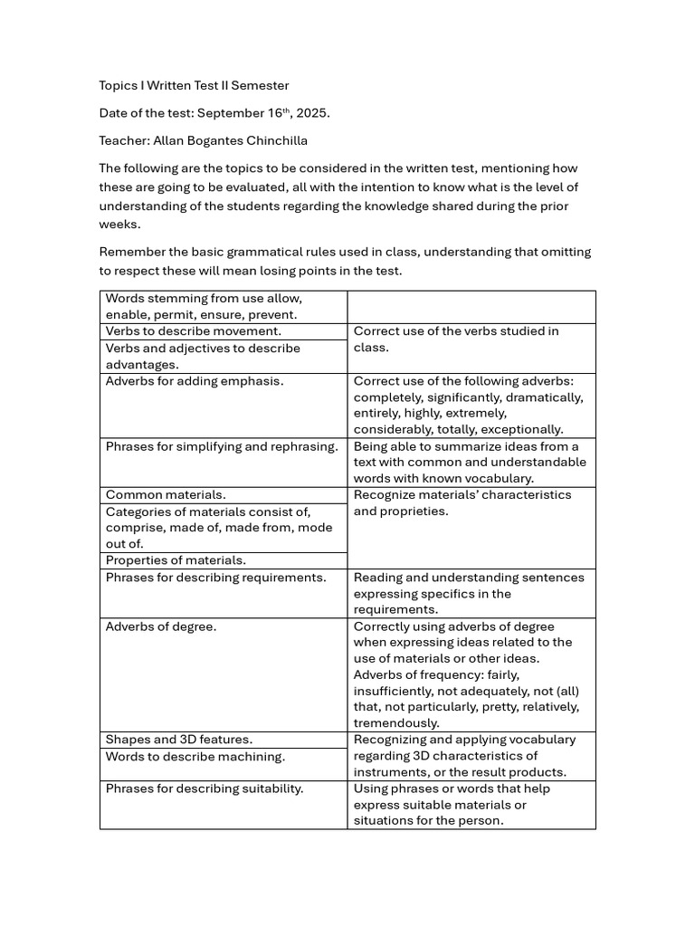 Written Test Topics for II Semester | PDF | Adverb | Verb