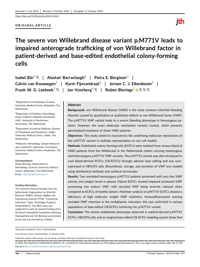 The Severe Von Willebrand Disease Variant p.M771V | PDF | Biology ...