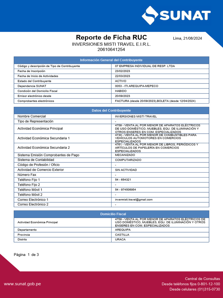 Información RUC Inversiones Misti Travel | PDF | Industrias de servicio