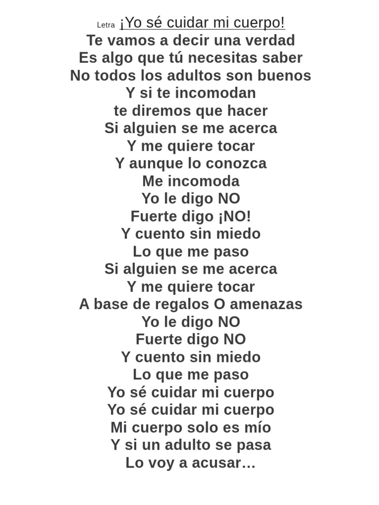 Letra de "Yo sé cuidar mi cuerpo" | PDF