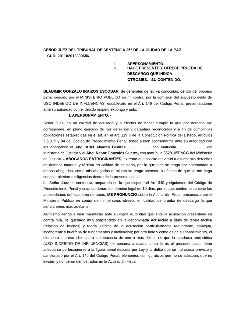 Pruebas de Descargo Bladimir Iraizos Juicio | PDF | Derecho penal ...