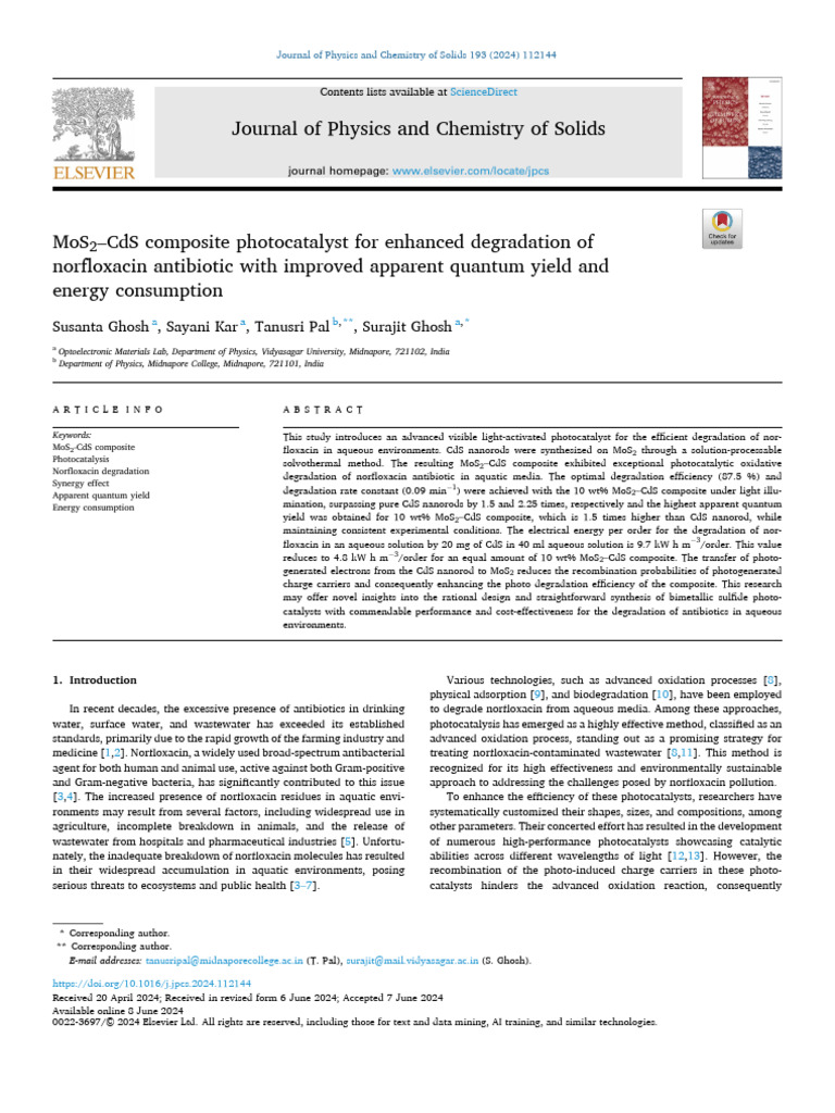 MoS2-CdS Photocatalyst for Norfloxacin Degradation | PDF | Transmission ...