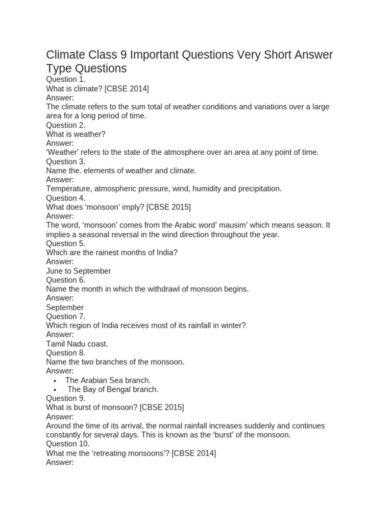 Class 9 Climate Important Questions | PDF | Monsoon | Rain