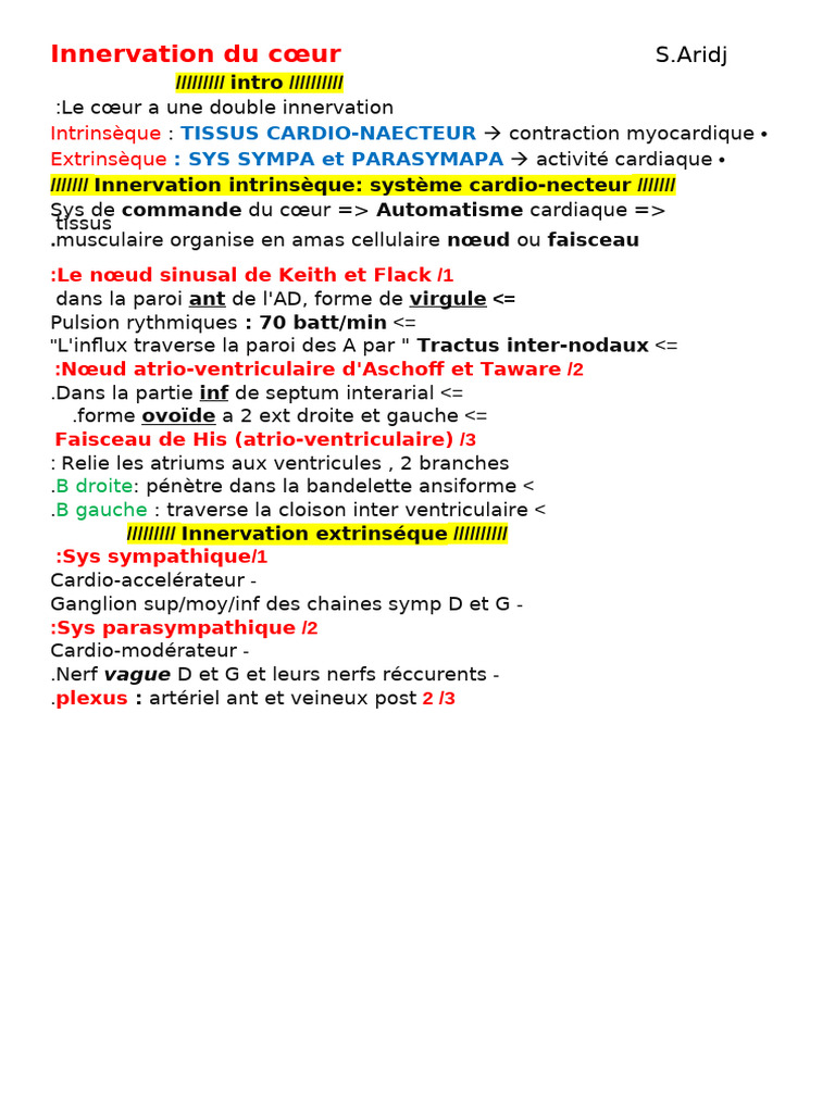 Innervation du cœur : intrinsèque et extrinsèque | PDF