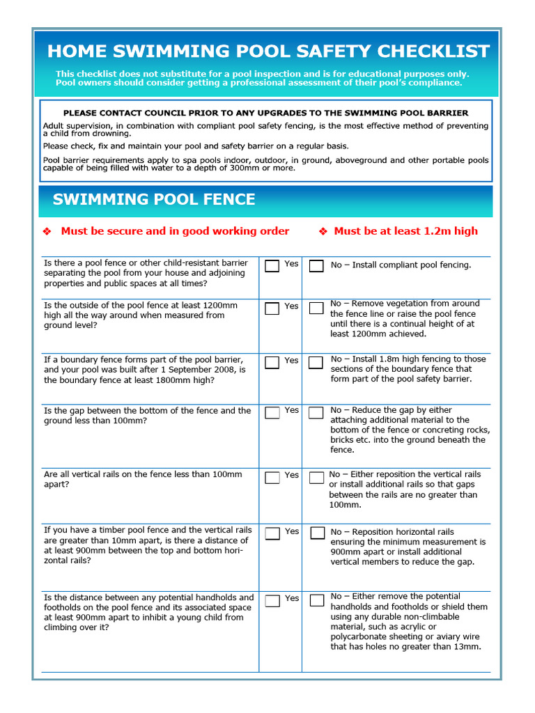 Swimming Pool Safety Checklist July2018 | PDF | Door