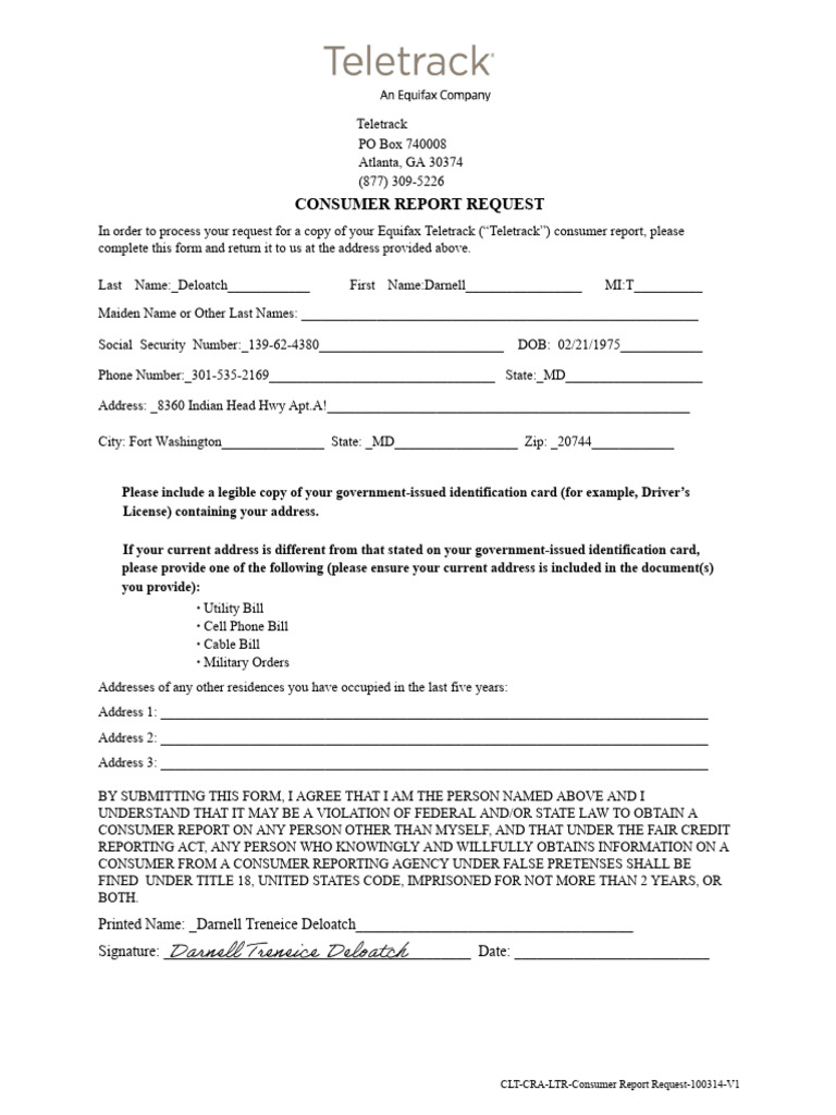 Teletrack Consumer Report Request Form | PDF