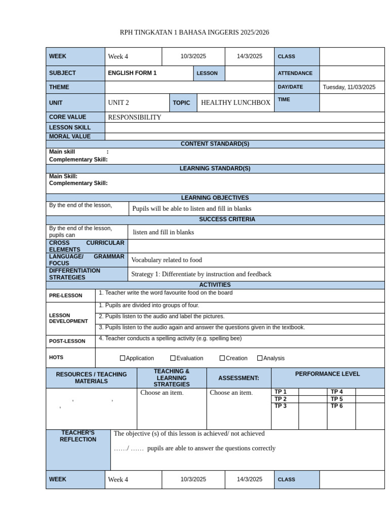 English Form 1 Lesson Plan: Healthy Lunchbox | PDF | Curriculum | Teachers