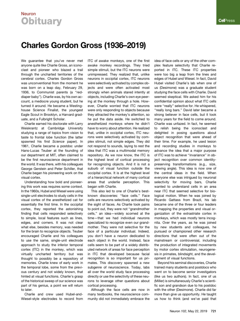 Charles Gordon Gross (1936– 2019) Neuron | PDF | Cerebral Cortex ...