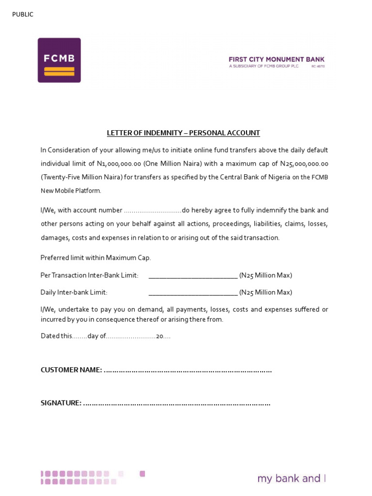 FCMB Indemnity Letter for Fund Transfers | PDF