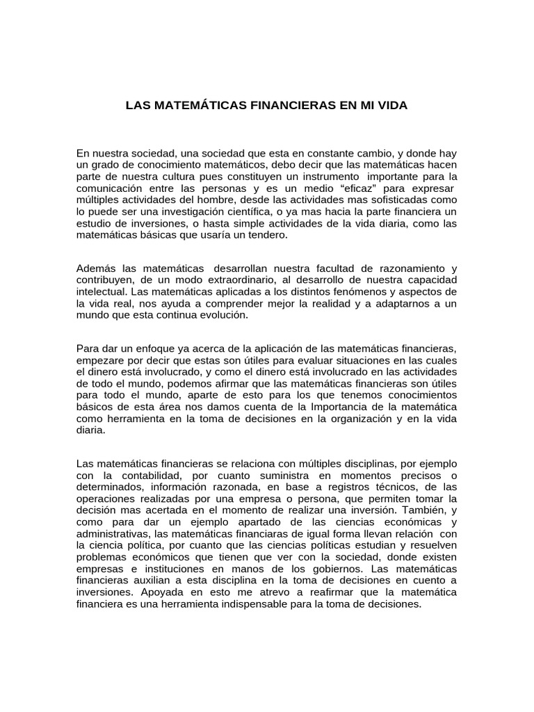 Las Matemáticas Financieras en Mi Vida | PDF | Matemáticas | Finanzas ...